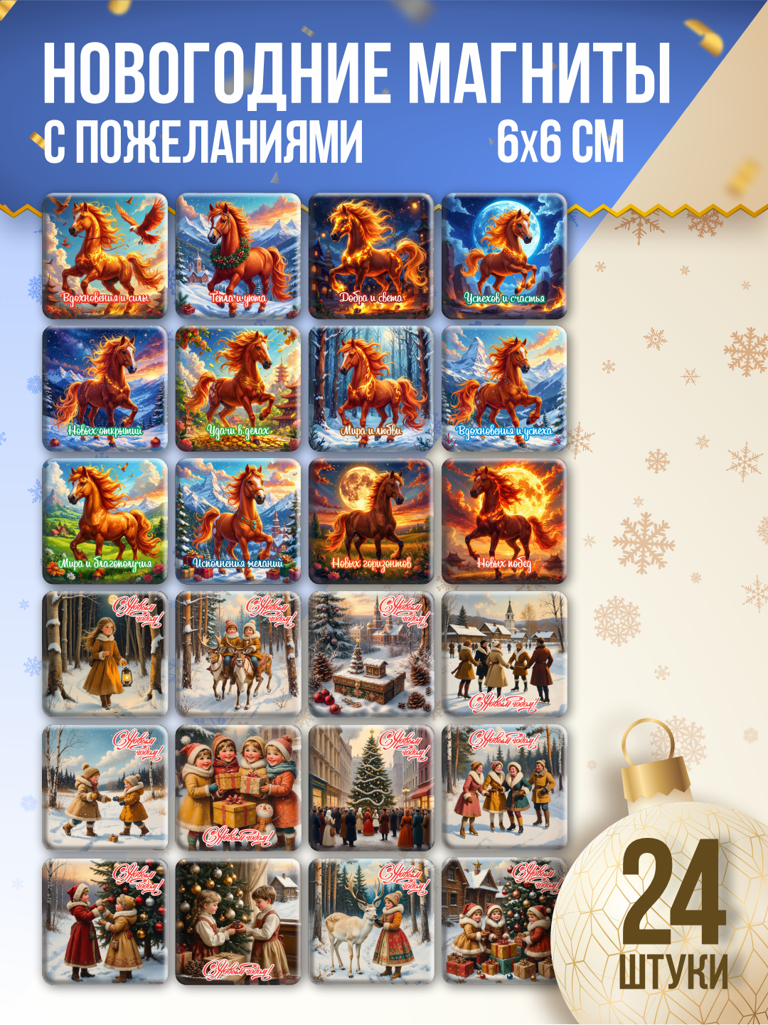 Новогодние магниты большие на холодильник символ года Лошади 2026, подарок на Новый год