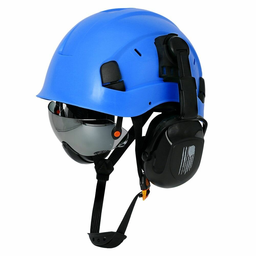 Строительная каска (защитный шлем) с противошумными наушниками и встроенными регулируемыми солнцезащитными очками