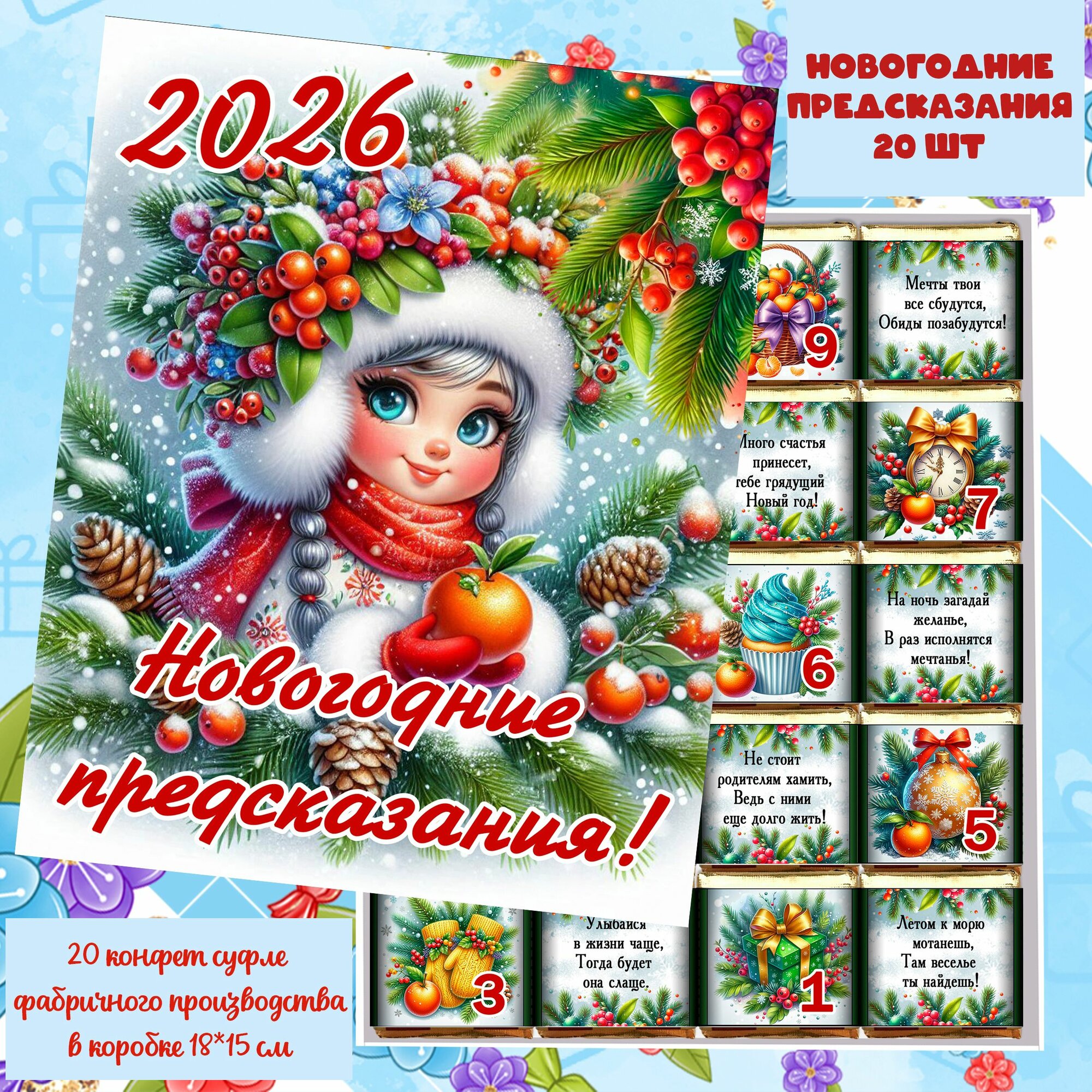 Подарочный набор конфет новогодние предсказания для детей 2026. шокобокс на новый год. 20 конфет. 1 шт