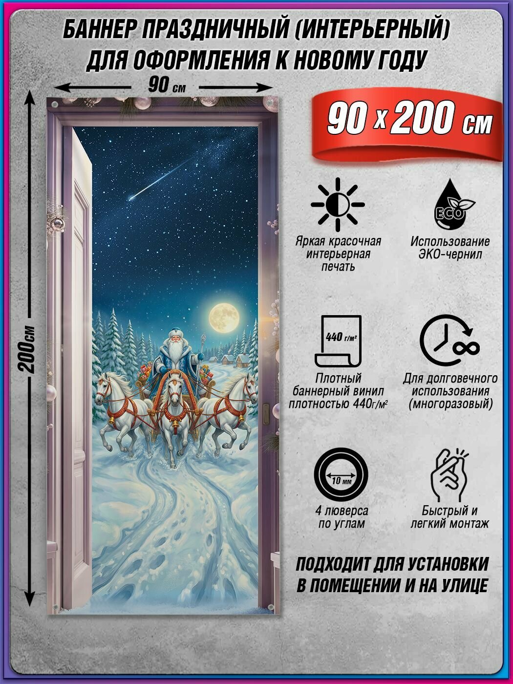 Баннер к Новому году с люверсами / Новогодний фон для фотозоны / Баннер на дверь / 90х200 см