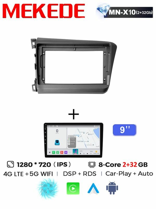 Магнитола 9" Mekede MN X10 Pro 2/32 Gb Honda Civic 9 FB FK FD 2011-2015 carplay