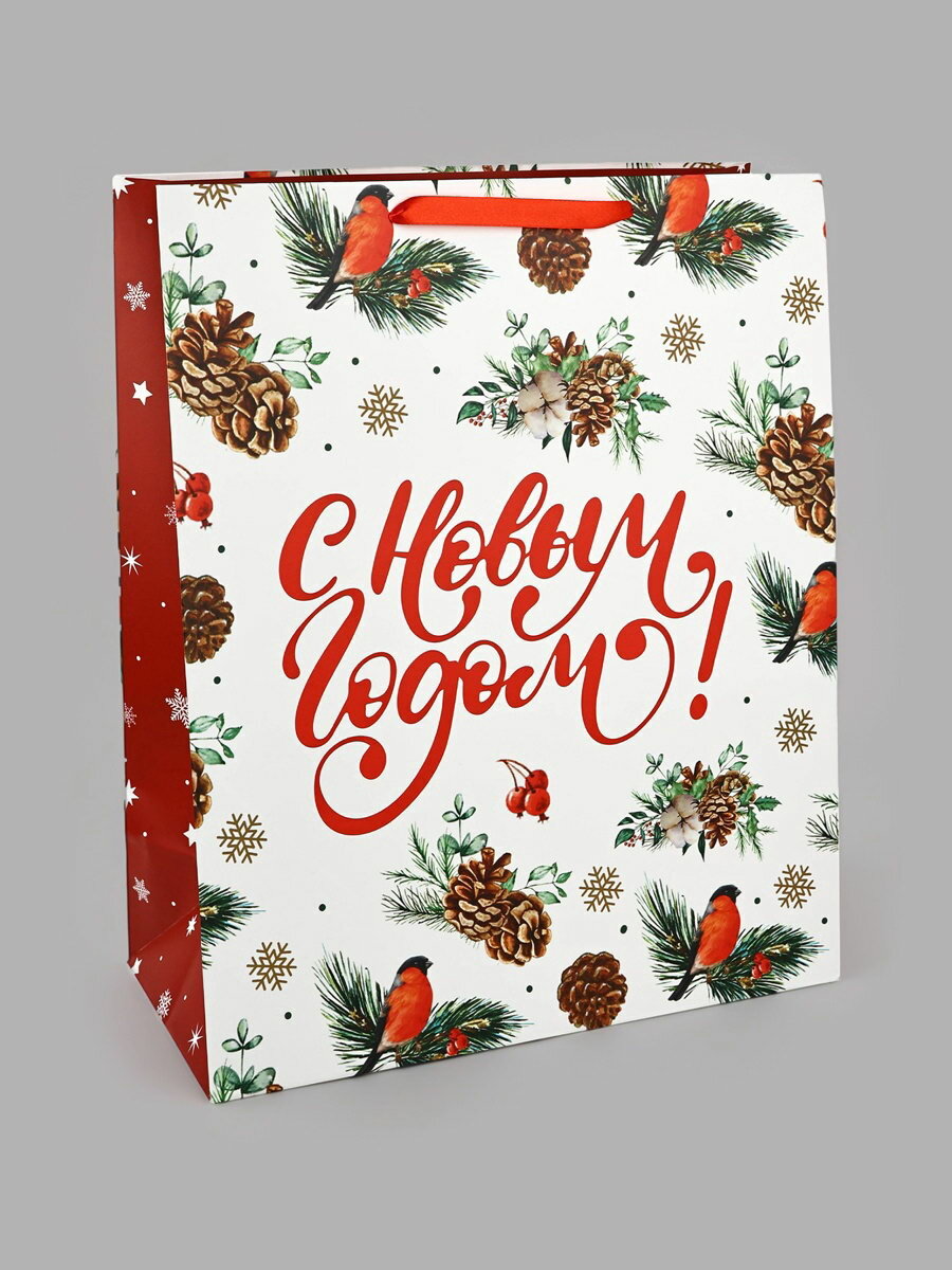 Пакет подарочный новогодний ламинированный "Снегири", 49x40x19 см