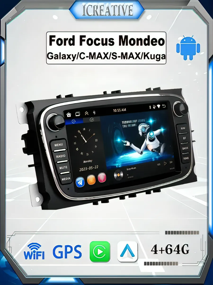Магнитола Icreative, 2 DIN, Android, для Ford Focus/Mondeo/C-Max/S-Max/Galaxy/Kuga, 4+64G, WIFIМагнитола Icreative, 2 DIN, Android, для Ford Focus/Mondeo/C-Max/S-Max/Galaxy/Kuga, 4+64G, WIFI