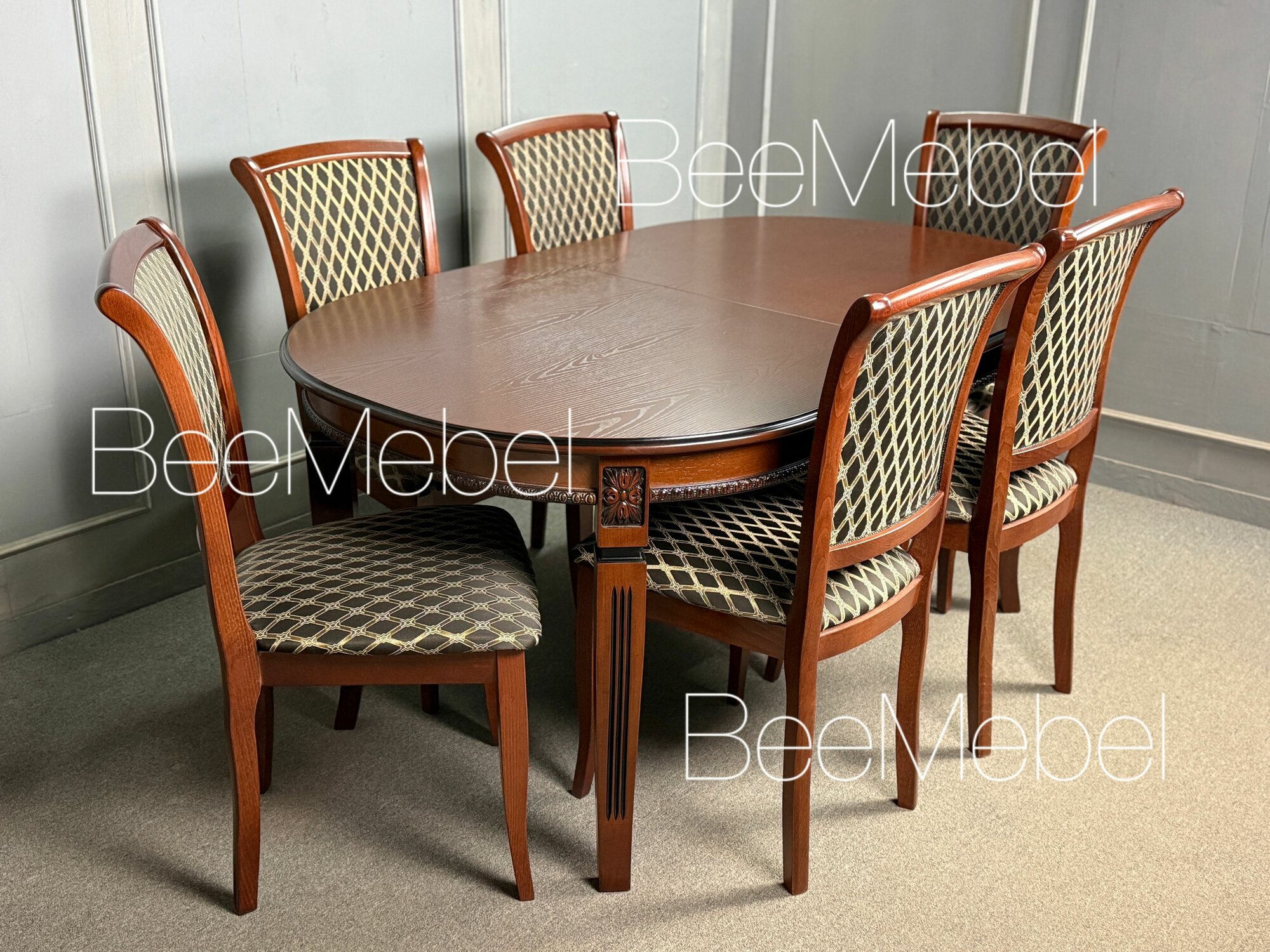 Обеденная группа, стол 1600/1000 и 6 стульев в коричневом цвете