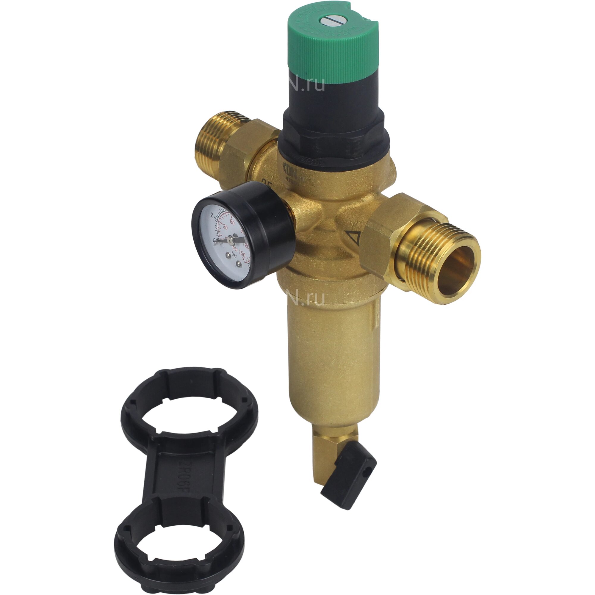 Фильтр сетчатый промывной DN. ru ФСПТ-Л-304-T Ду25 Ру16 резьбовой, T-образный, корпус - латунь, сетка - нержавеющая сталь 304, с манометром и с редуктором