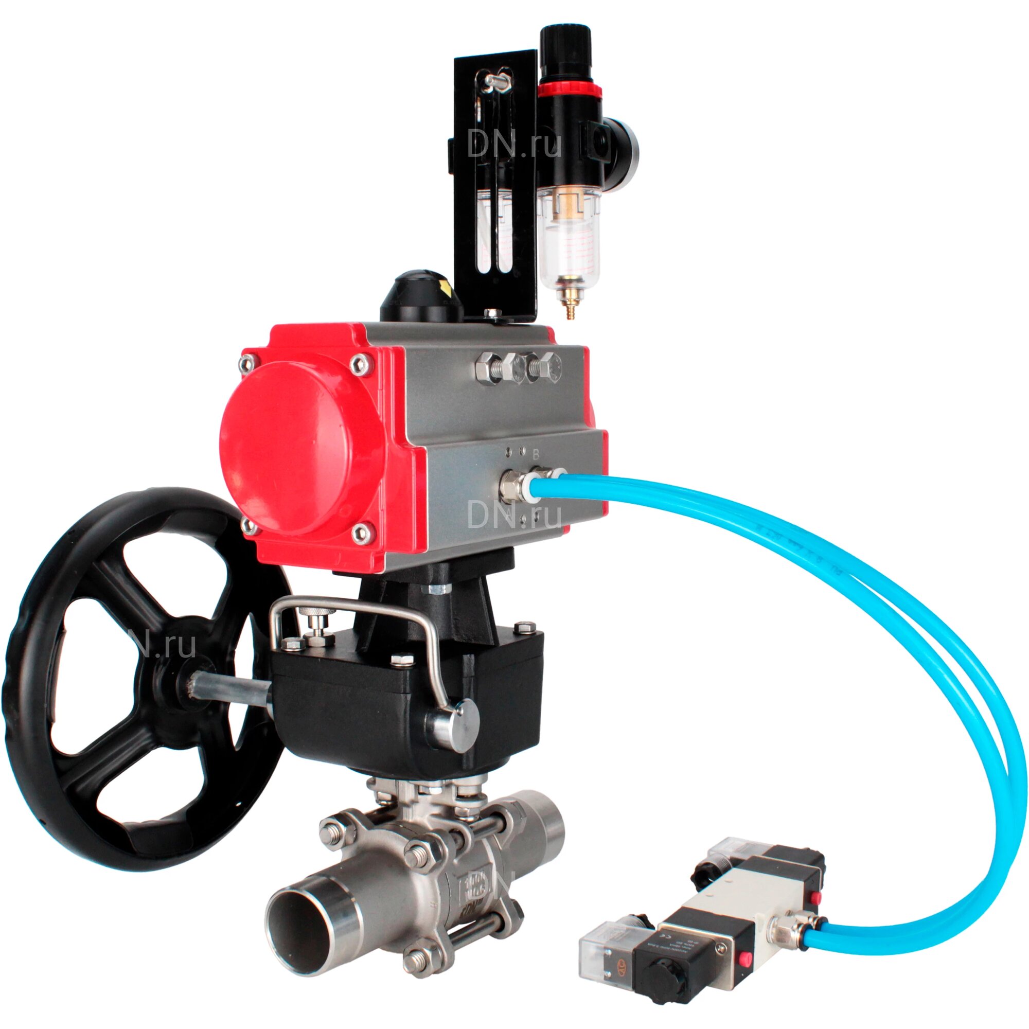 Кран шаровой DN.ru 316-316-PTFE-W-ISO-H Ду50 Ру40 полнопроходной, корпус - нержавеющая сталь 316, уплотнение - PTFE, под приварку, с пневмоприводом DA-083, пневмораспределителем PND1-S2EM-52-2-T10-220VAC, редуктором HDM-2 и БПВ APU1-10-40-V08