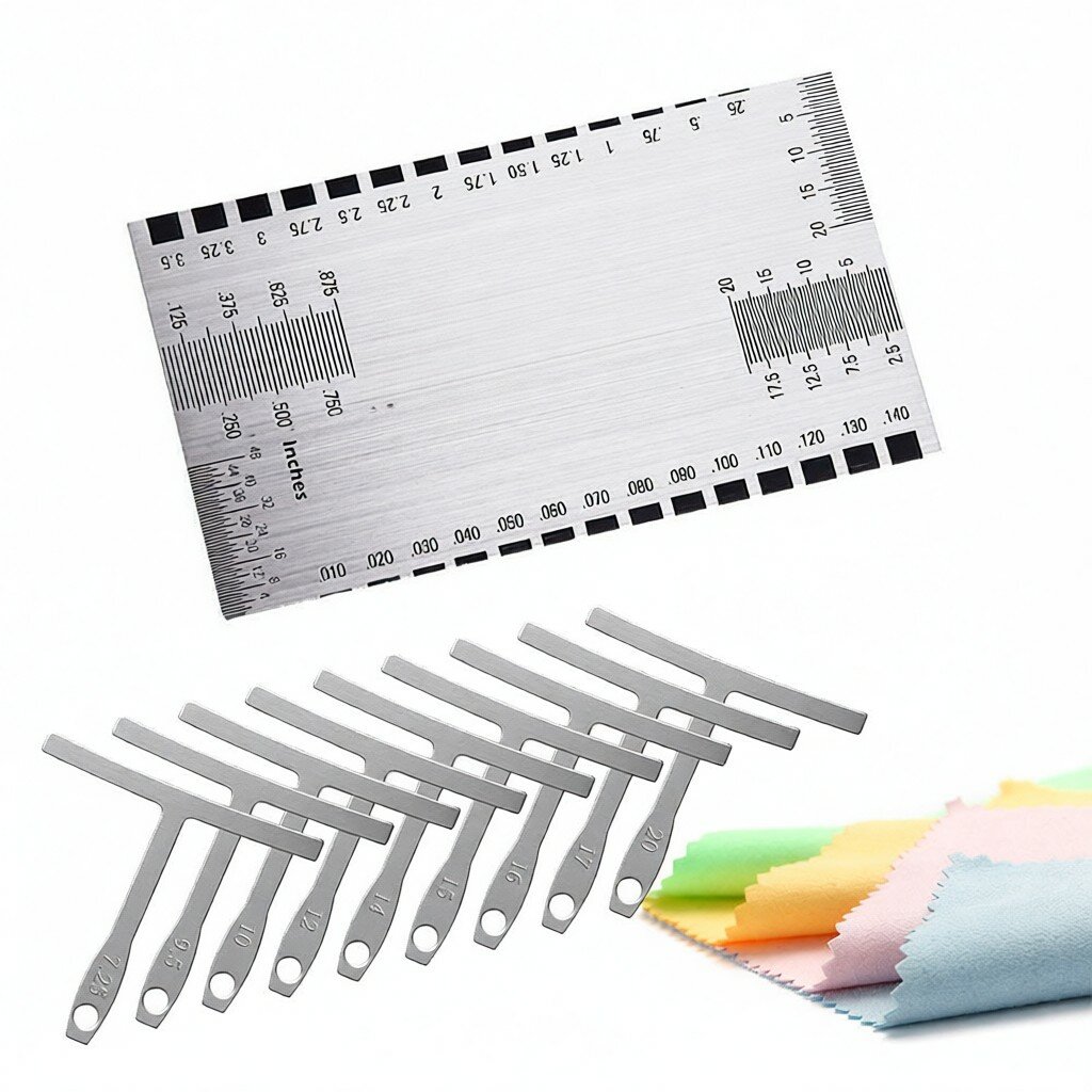 Набор линейок для измерения гитары и баса: линейка для измерения струн гитары, 9 линейок для измерения радиуса баса, металл, двойная шкала (миллиметры и дюймы), размеры 7.25", 9.5", 10", 12", 14", 15", 16", 17", 20", длина предмета 70мм / 2.76дюйма, вес