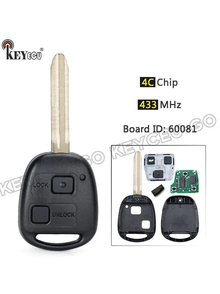 KEYECU Ключ зажигания, арт. 433MHz Чип 4C P/N:60081 для Toyota Corolla Yaris RAV4 Ключ дистанционного управления, 1 шт.