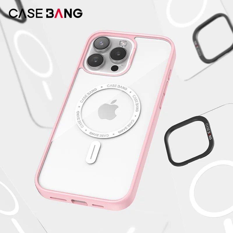 Прозрачный магнитный чехол с защитой от ударов для iPhone 16 Pro Max, розовый с магнитным кольцом, премиум защита