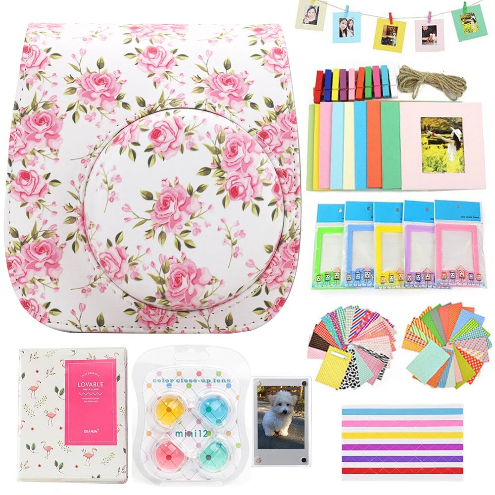 Чехол для Fujifilm Instax Mini 12 из искусственной кожи + набор аксессуаров Pink Rose In White