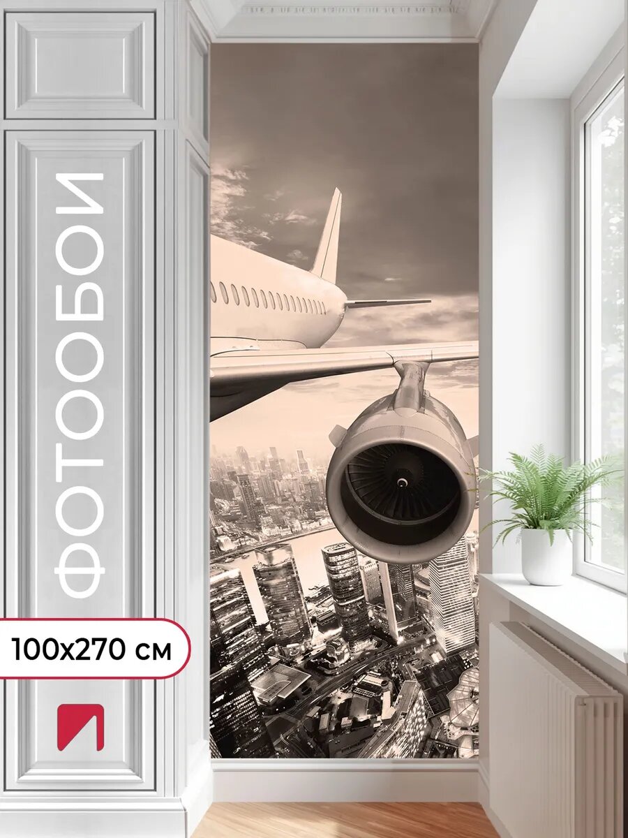 Фотообои на стену «Самолет и вид на город с высоты» 100х270 (ШхВ), моющиеся, флизелиновые Premium от Первого ателье