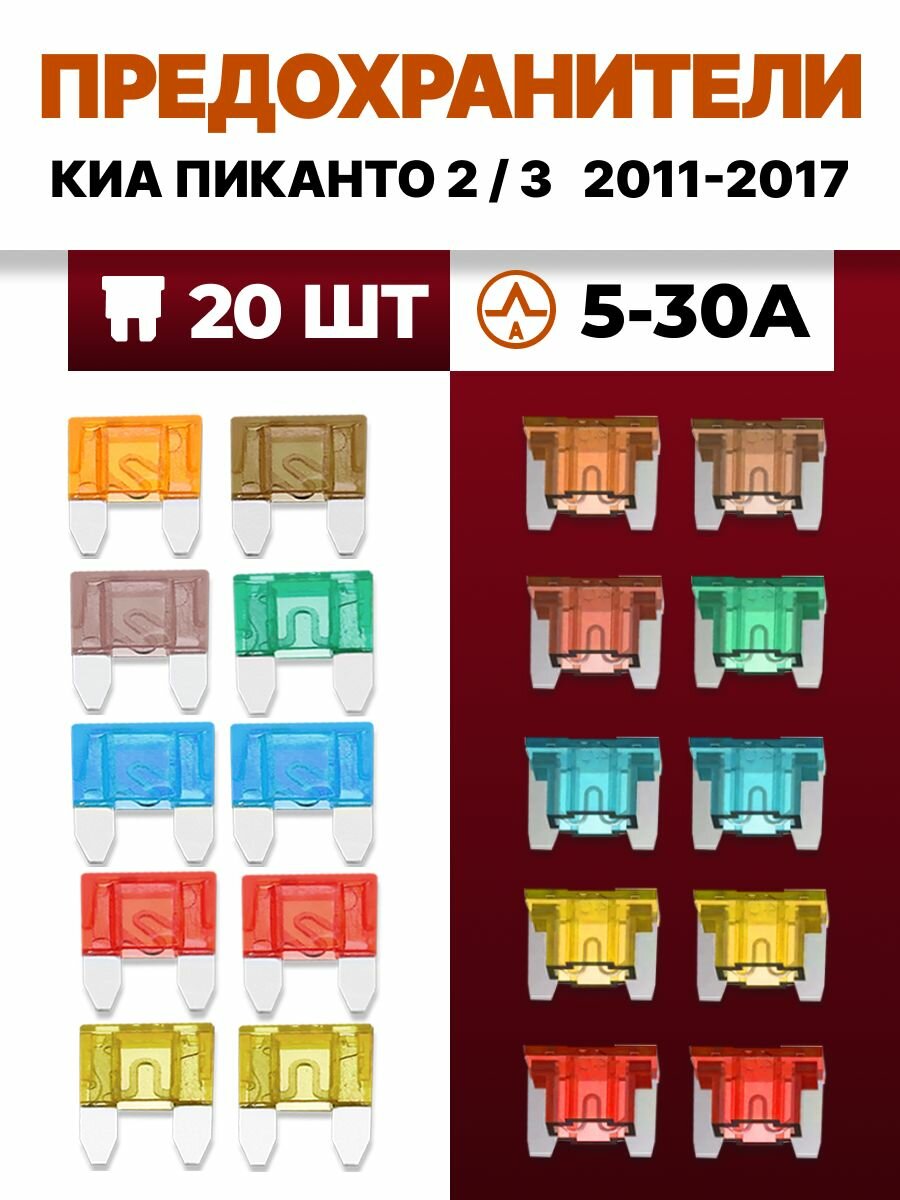 Предохранители Киа Пиканто 2 / 3, 2011-2017 набор Мини+Микро 20 шт / Kia Picanto