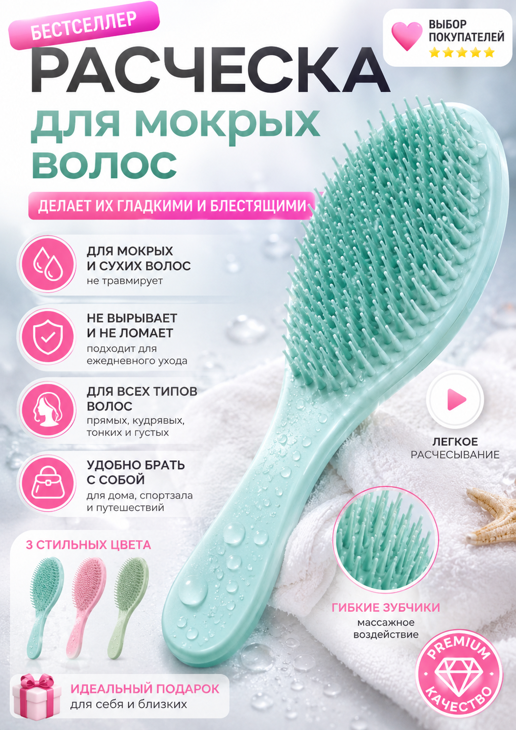 Расческа для волос "Wet Hair", для влажных волос, разноцветная, искусственная щетина