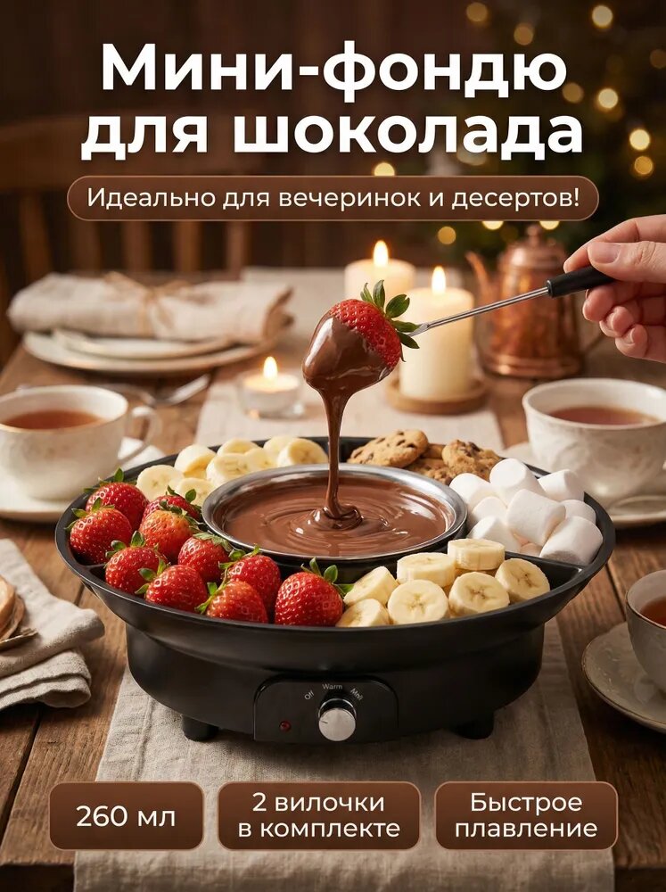 Фондюшница для шоколада, мини-набор 260 мл с 2 фруктовыми вилками, 25 Вт, 2 режима нагрева и подогрева