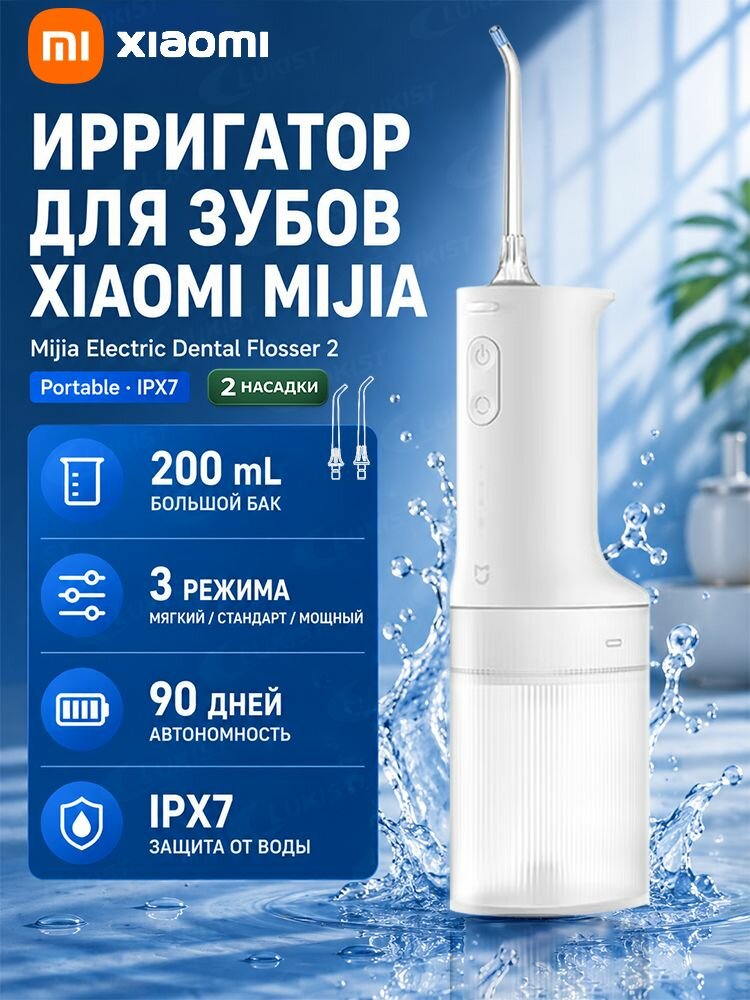 Ирригатор для зубов Xiaomi Mijia портативный, электрический water flosser, 200 мл, IPX7, 3 режима, аккумуляторный, подарок