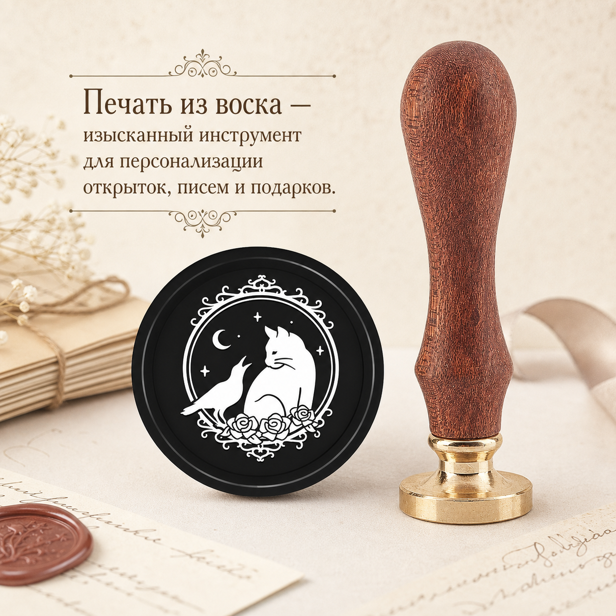 1 набор латунных сургучных штампов с деревянной ручкой для создания рисунка кошки в стиле скрапбукинга