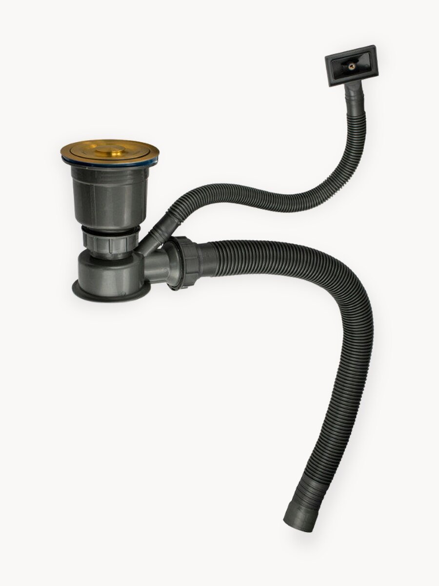 FABIA PROFI - Сифон для мойки с переливом золото, с отводом под сливной шланг и со сьёмной корзинкой для мусора (8735)