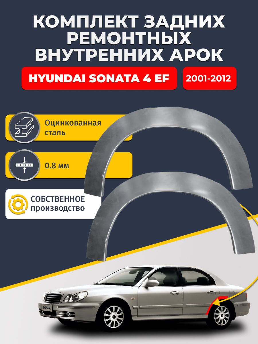 Комплект задних ремонтных внутренних арок для автомобиля Hyundai Sonata 4 EF 2001-2012 седан (Хендай Соната 4). Оцинкованная сталь 0,8 мм.