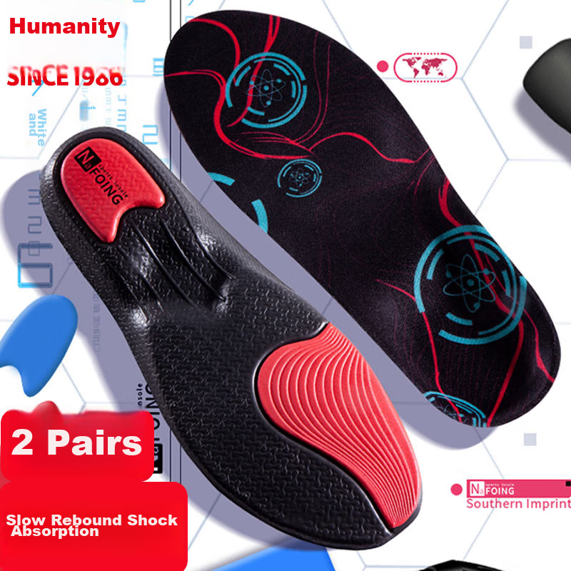 Renben 2-Pair Sports Insoles for Men, Sweat-Absorbing, Breathable, Shock-Absorbing, Arch Support, for Basketball And Running, Women's 6628 Black And Red, Size 45-46