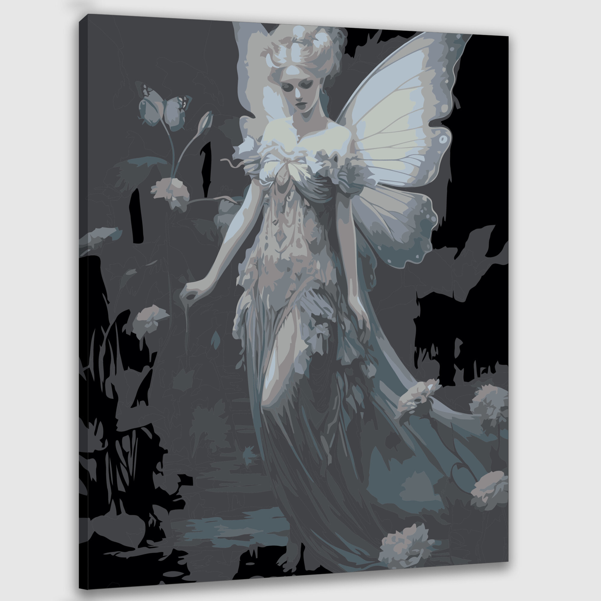 Картина по номерам 40x50 см, графитовый рисунок, мистическая фея, воздушные крылья, изящная фигурка, цветочные узоры