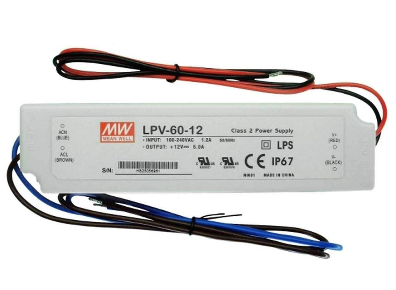 LED-драйвер AC-DC Mean Well LPV-60-12, мощность 60Вт, выходное напряжение 12В/5А, IP67