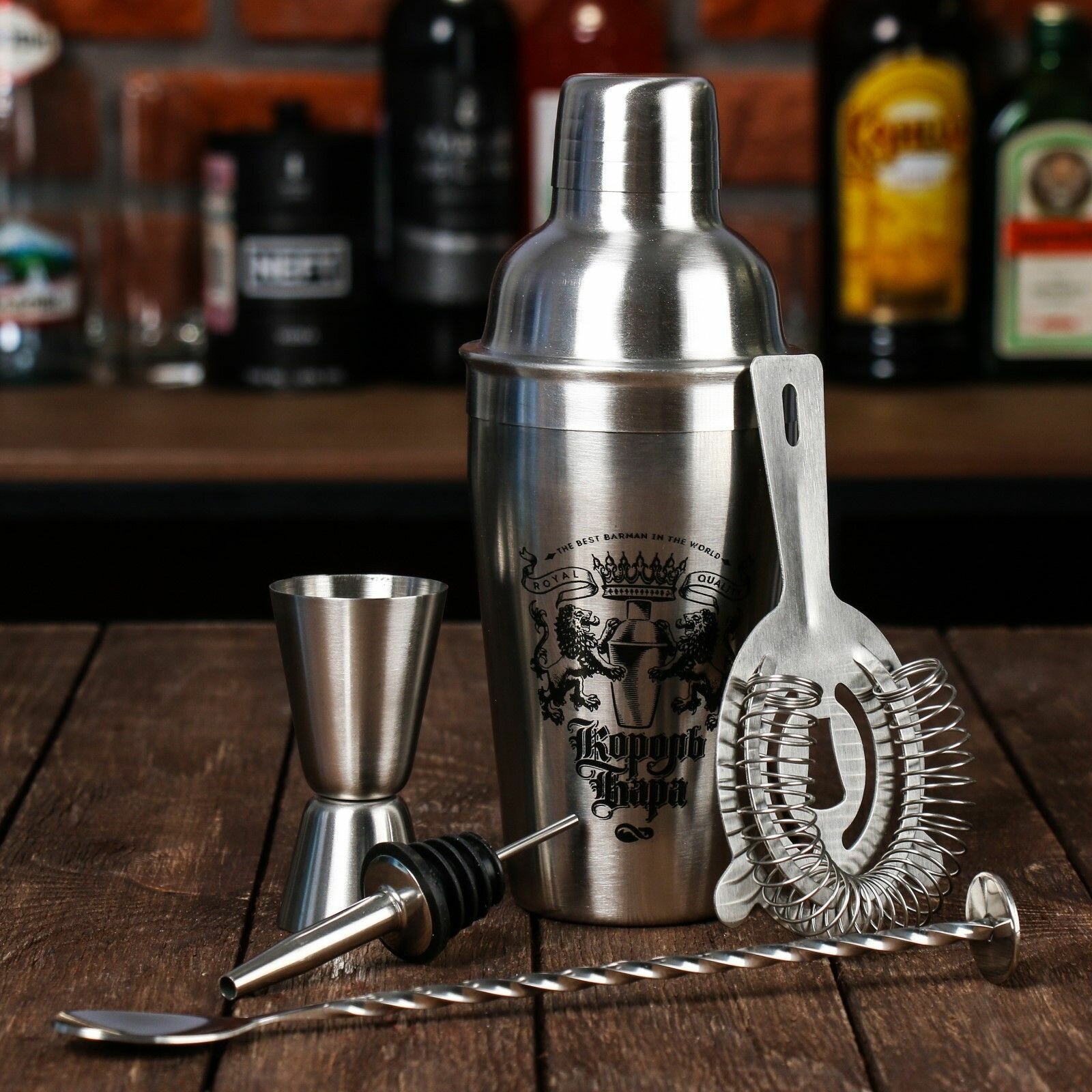 Набор подарочный для приготовления коктейлей "Король бара", гейзер, джиггер, шейкер 600 мл, стрейнер, ложка
