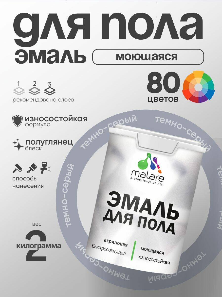 Эмаль Malare для пола акриловая, экологичная без запаха, износостойкая, быстросохнущая, моющаяся, полуглянцевая, темно-серая, 2 кг