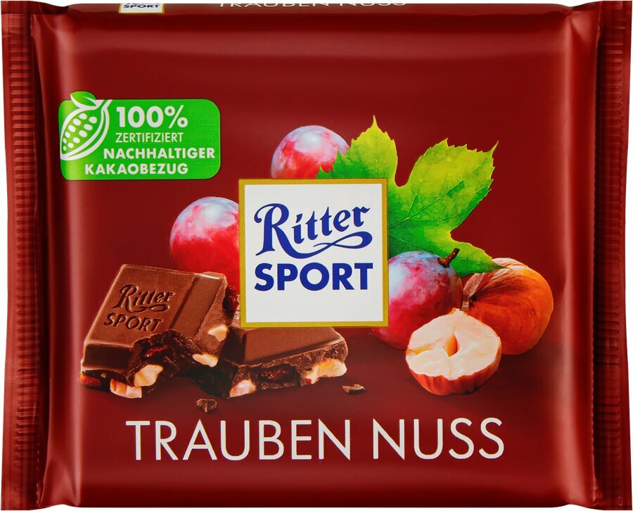 Шоколад молочный RITTER SPORT с лесным орехом и калифорнийским изюмом, 100г