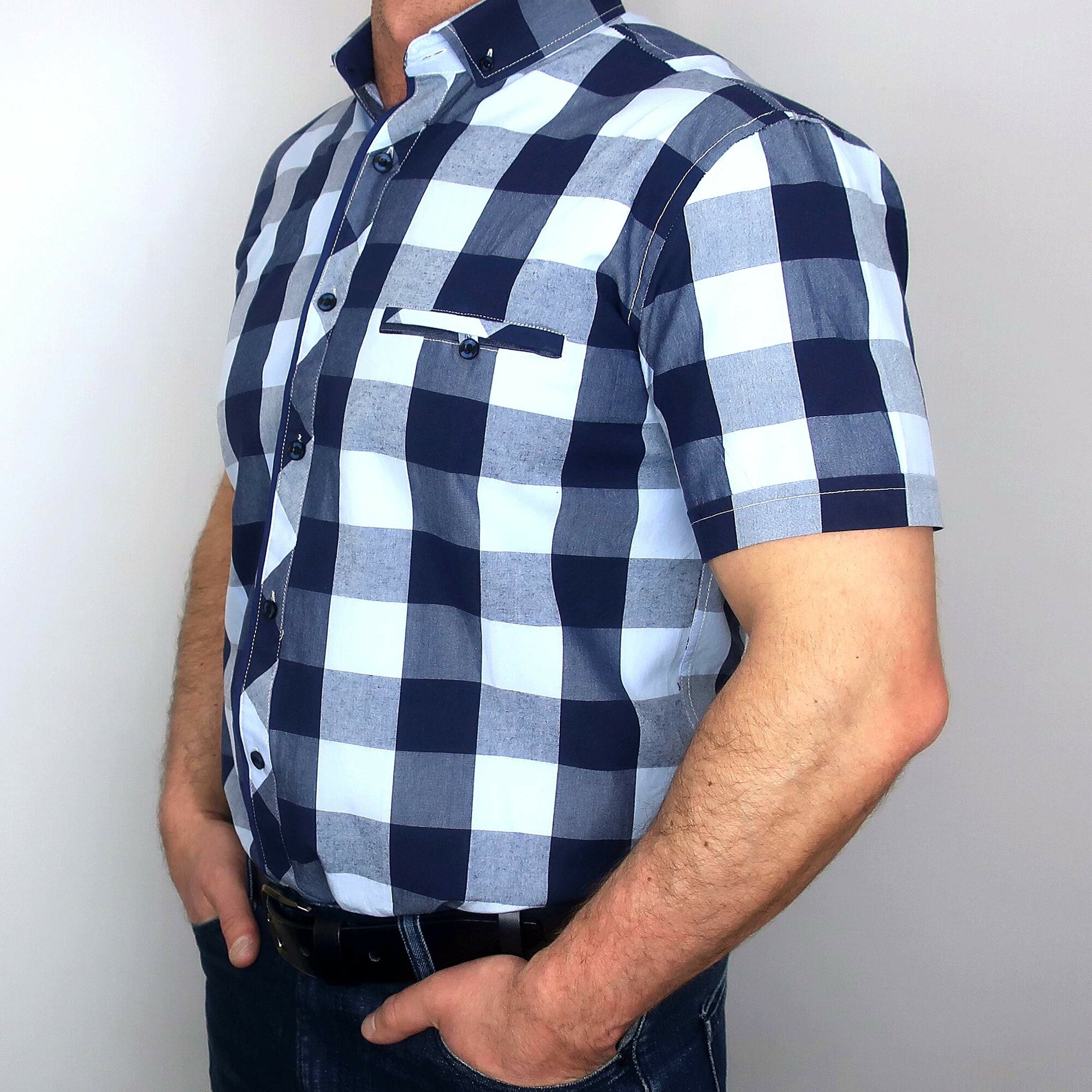 Рубашка Рубашка мужская с коротким рукавом, приталенная, светлая сорочка, на пуговицах, рубаха на любой сезон, стильный фасон одежды, голубая, клетка, без карманов, летняя