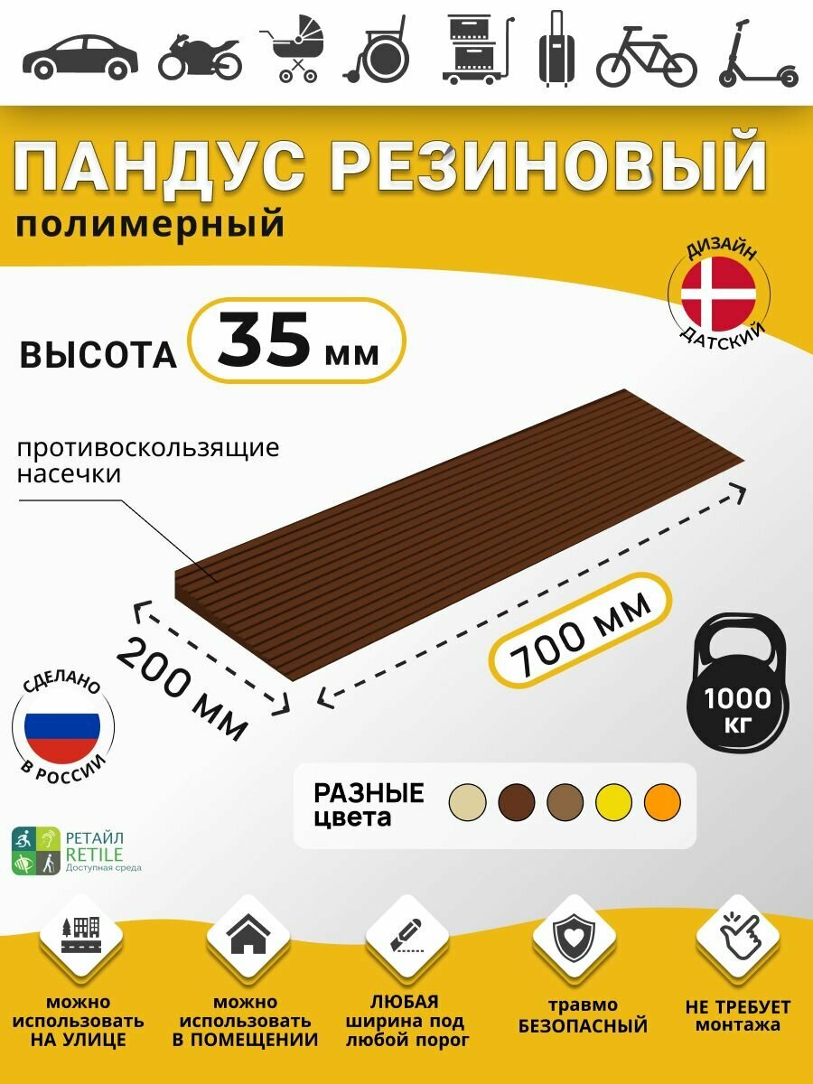 Пандус резиновый рубеж для порогов высотой 3,5 см (35х700х200 мм), темно-коричневый, для колясок, склада и автомобилей