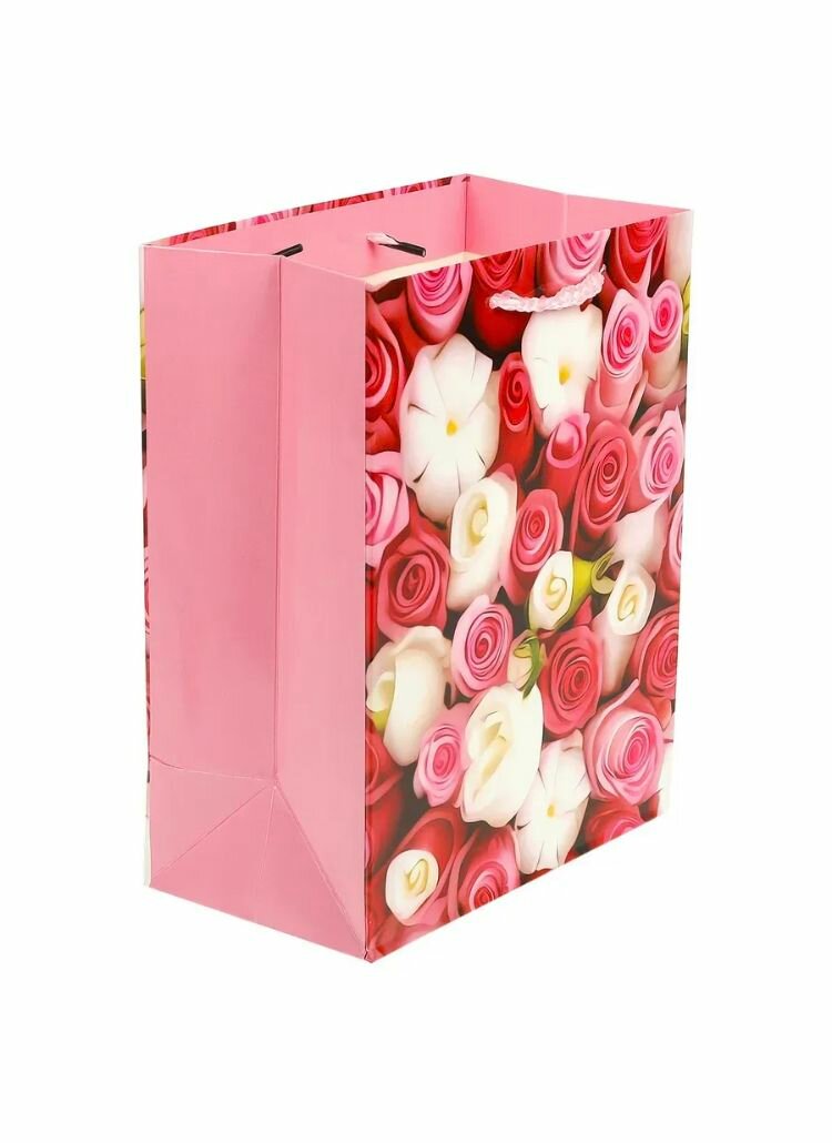 Пакет подарочный "Розы", бумага, цвет розовый, с принтом, ручки, 23см
