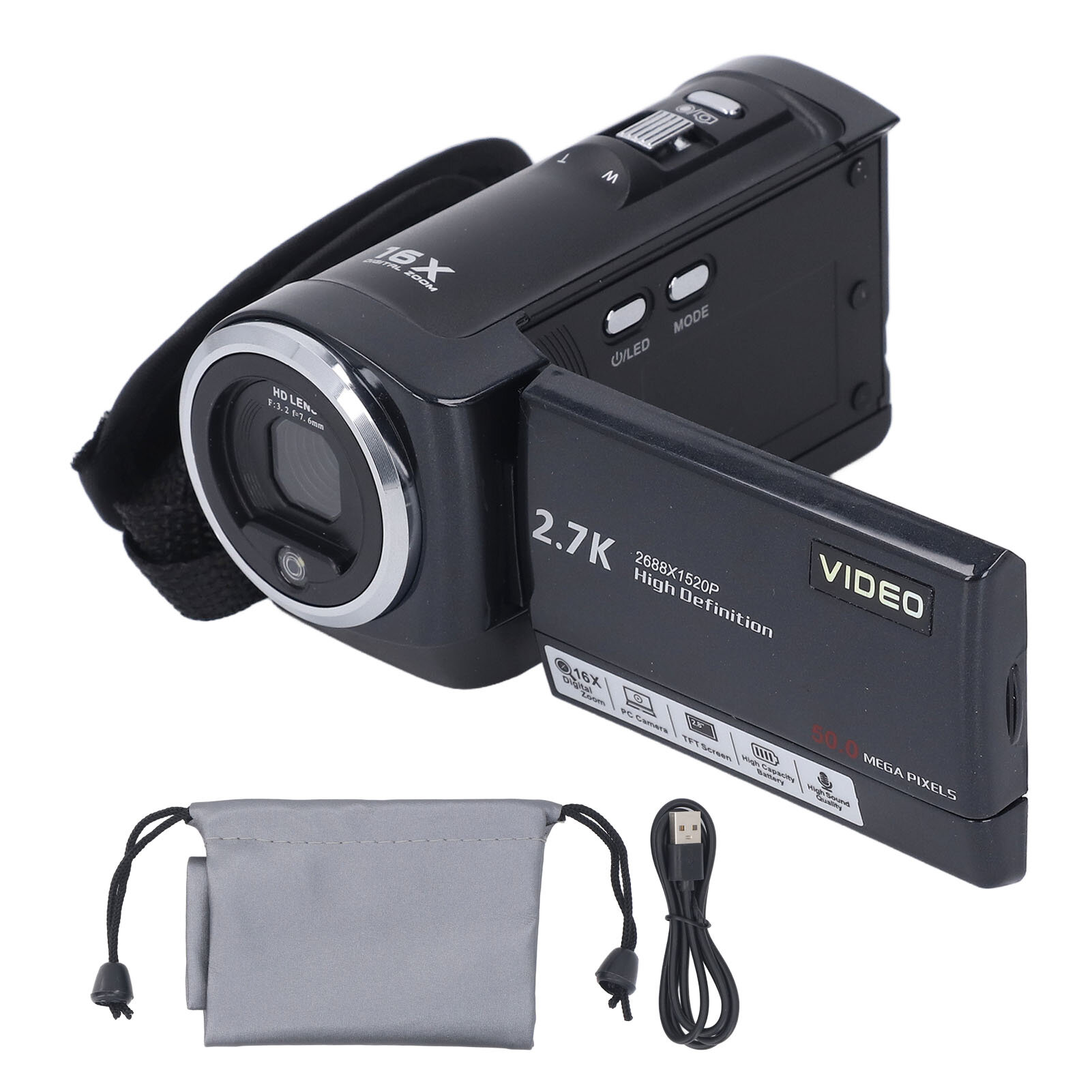 QHD 2.7K Video Camera 50MP 16x цифровая камера 270 градусов экрана экрана видео регистратор веб -камера при зарядке карты 32 ГБ хранения