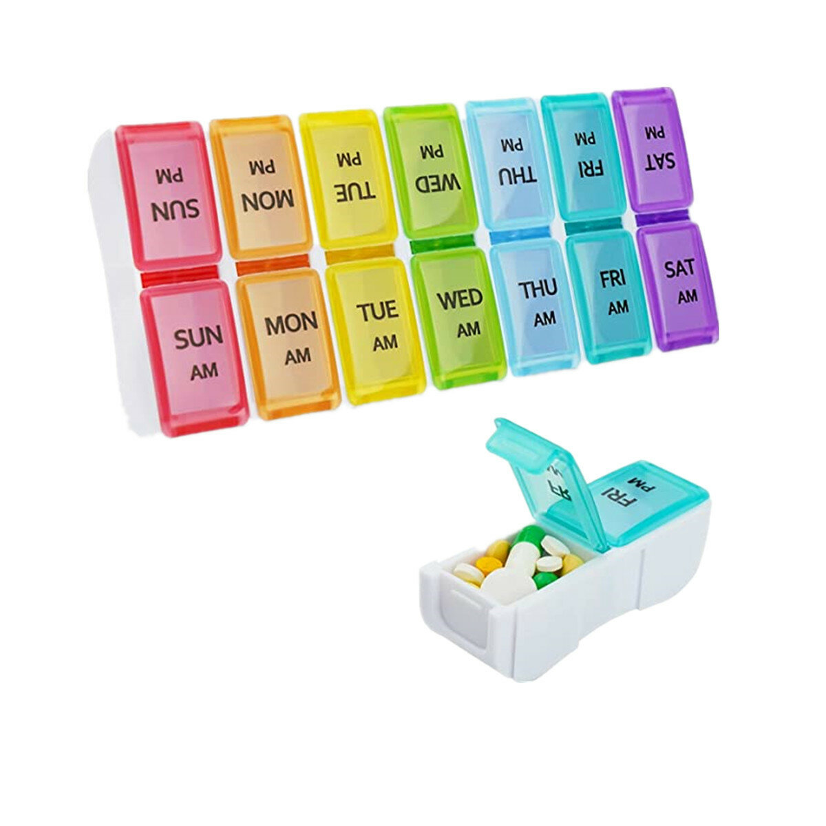 Пилulier еженедельный портативный контейнер для лекарств 7 дней 2 раза в сутки с 14 отсеками радужный съемный органайзер для витаминов и добавок размеры 16.5*7*2.4 см