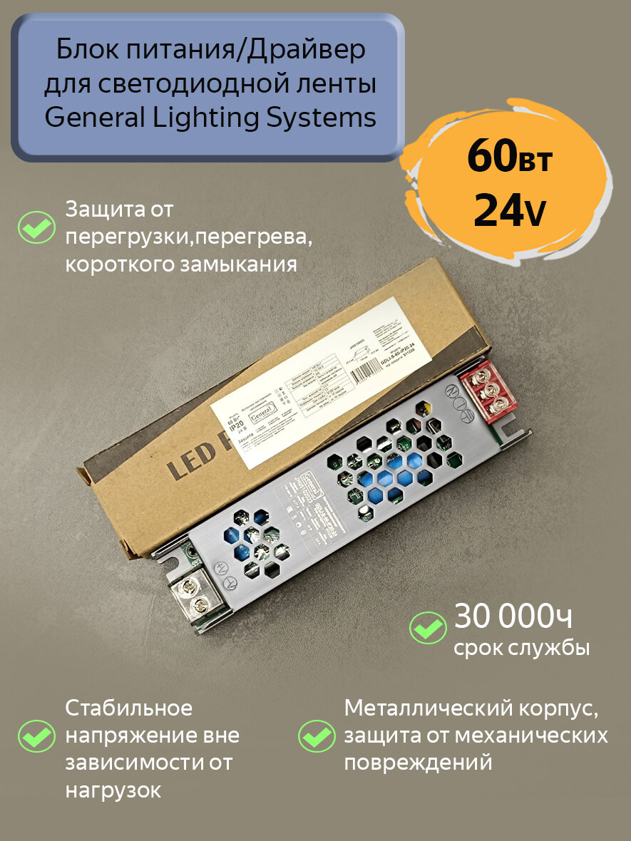 Блок питания/драйвер для светодиодной ленты 60w 24v/Источник постоянного напряжения GDLI-S-60-IP20-24