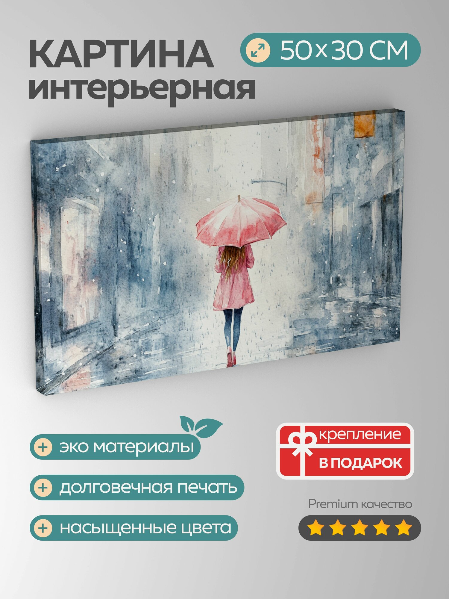 Картина на холсте интерьерная 50х30 см, девушка, розовый зонтик, дождь, городская улица, акварель, плащ, контраст