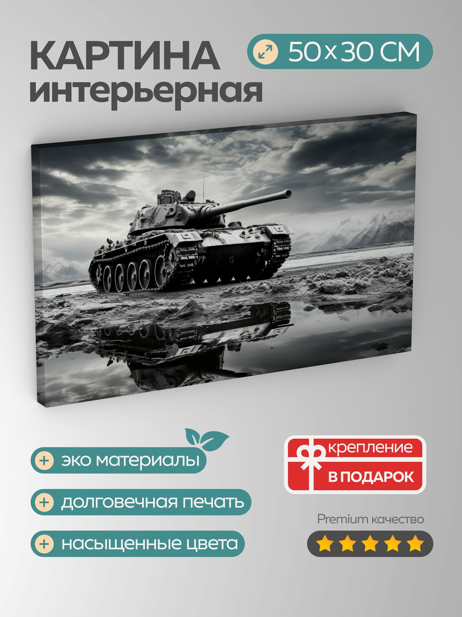 Картина на холсте интерьерная 50х30 см, черно-белая фотография, танк, пустынный ландшафт, война, гусеницы, тень