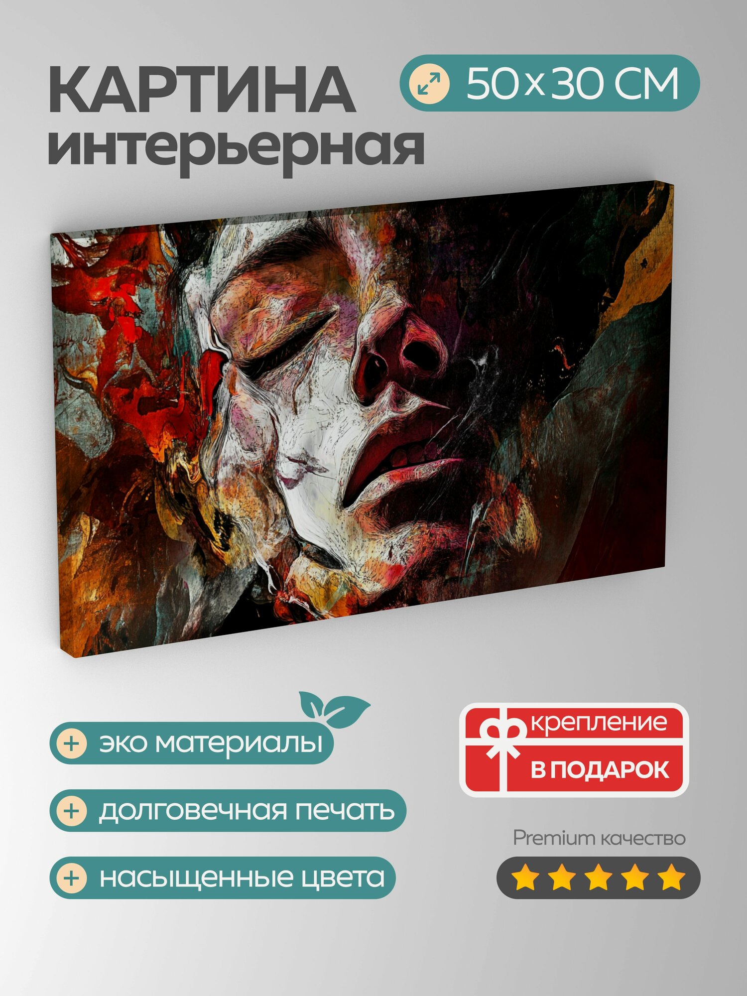 Картина на холсте интерьерная 50х30 см, Экспрессионизм, цифровое искусство, человеческие эмоции, искаженные черты
