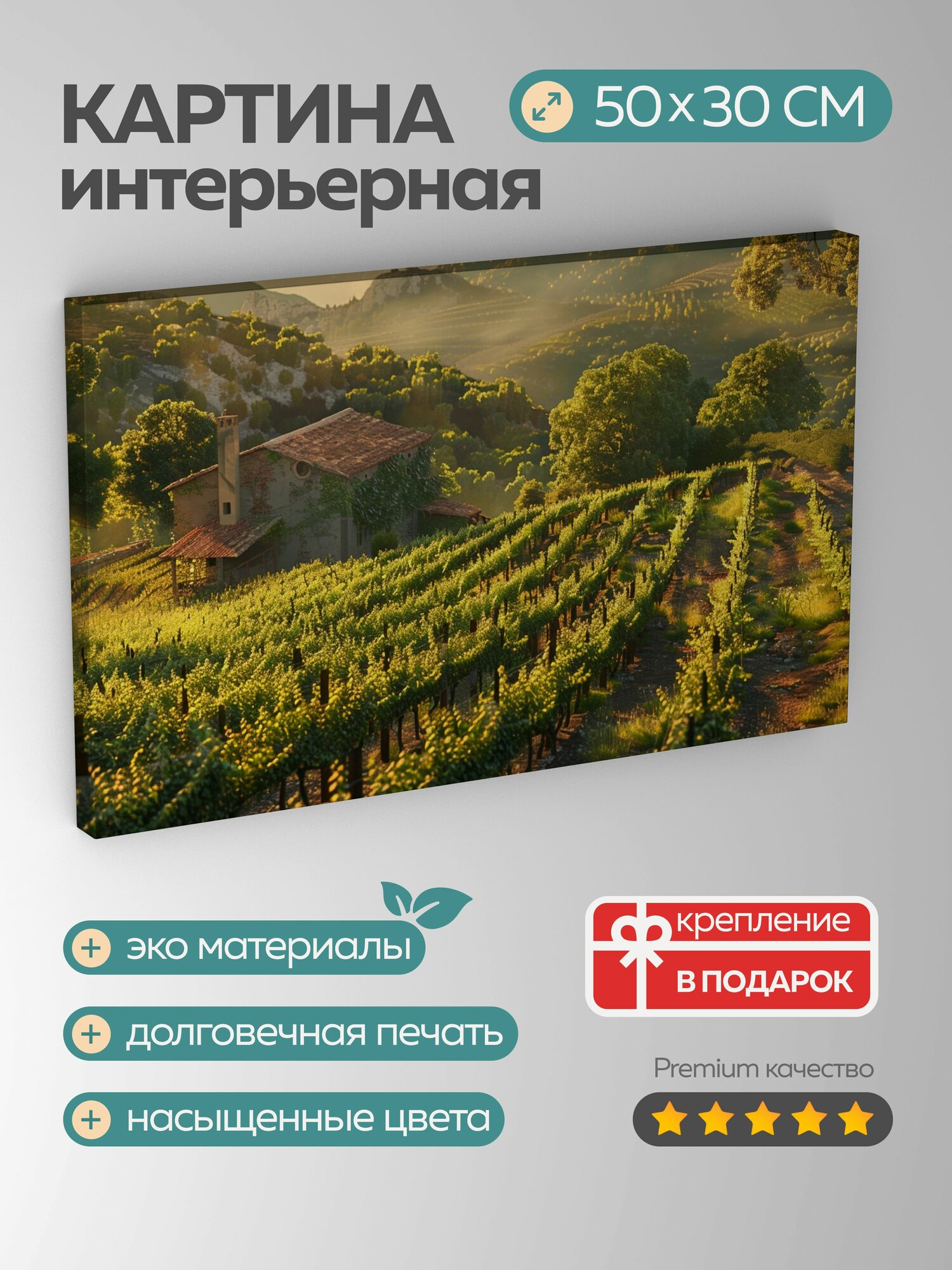 Картина на холсте интерьерная 50х30 см, винодельня, Крым, сумерки, виноградные лозы, вечерний свет, природа, гармония