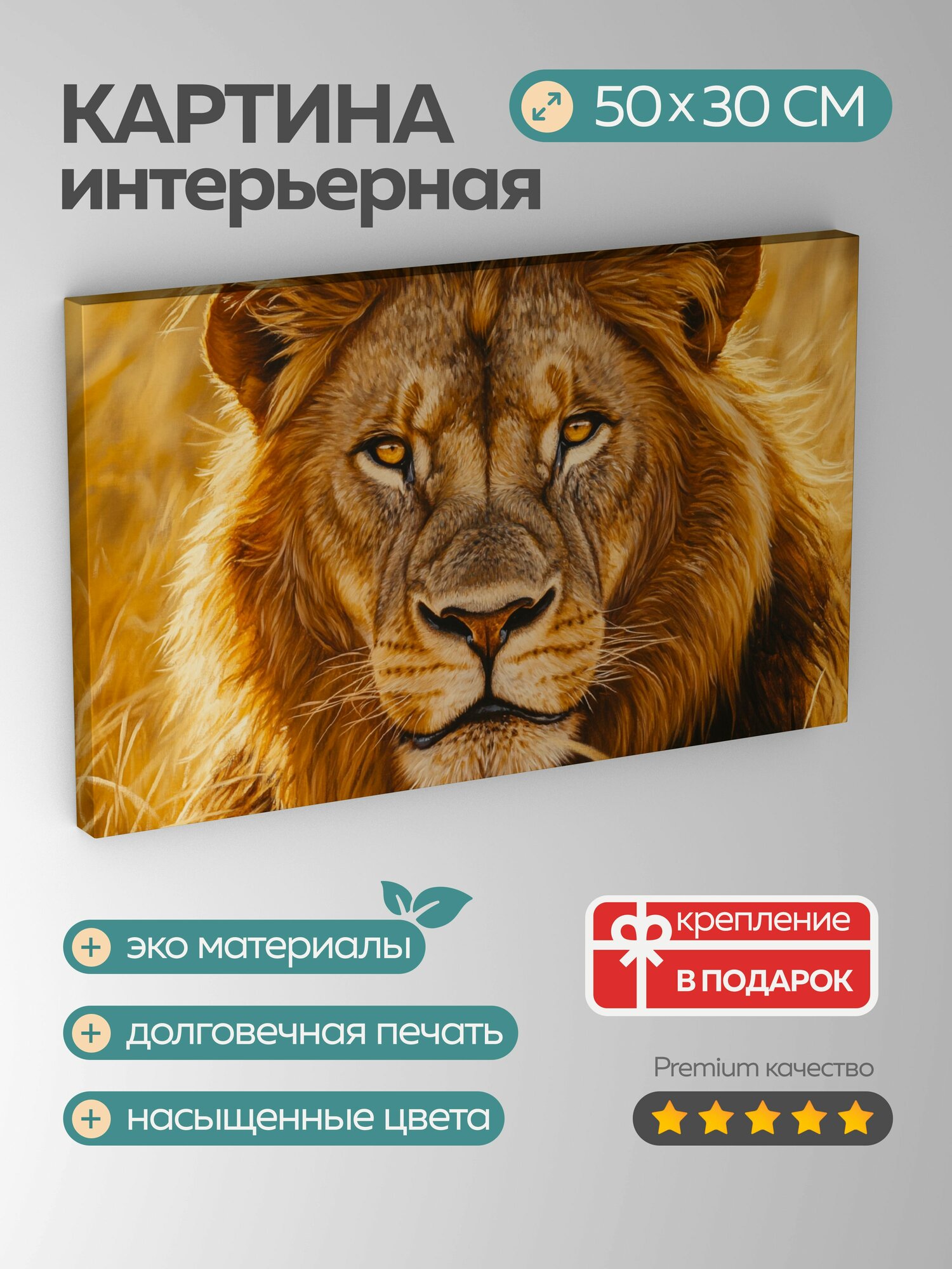 Картина на холсте интерьерная 50х30 см, лев, масляная картина, африканская саванна, золотистый мех, взгляд, мощь
