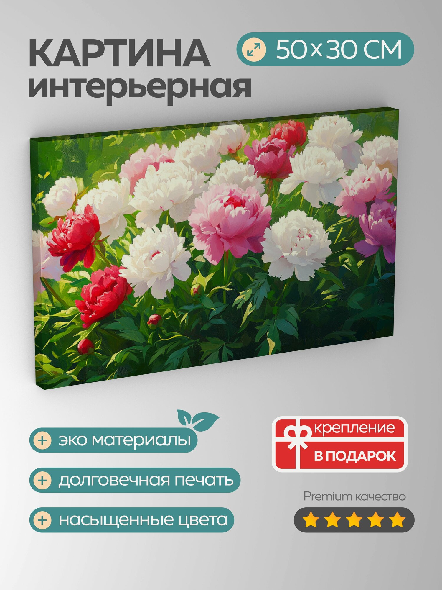 Картина на холсте интерьерная 50х30 см, Пионы, цветы, букет, розовый, белый, красный, сад, зеленый, жизнь