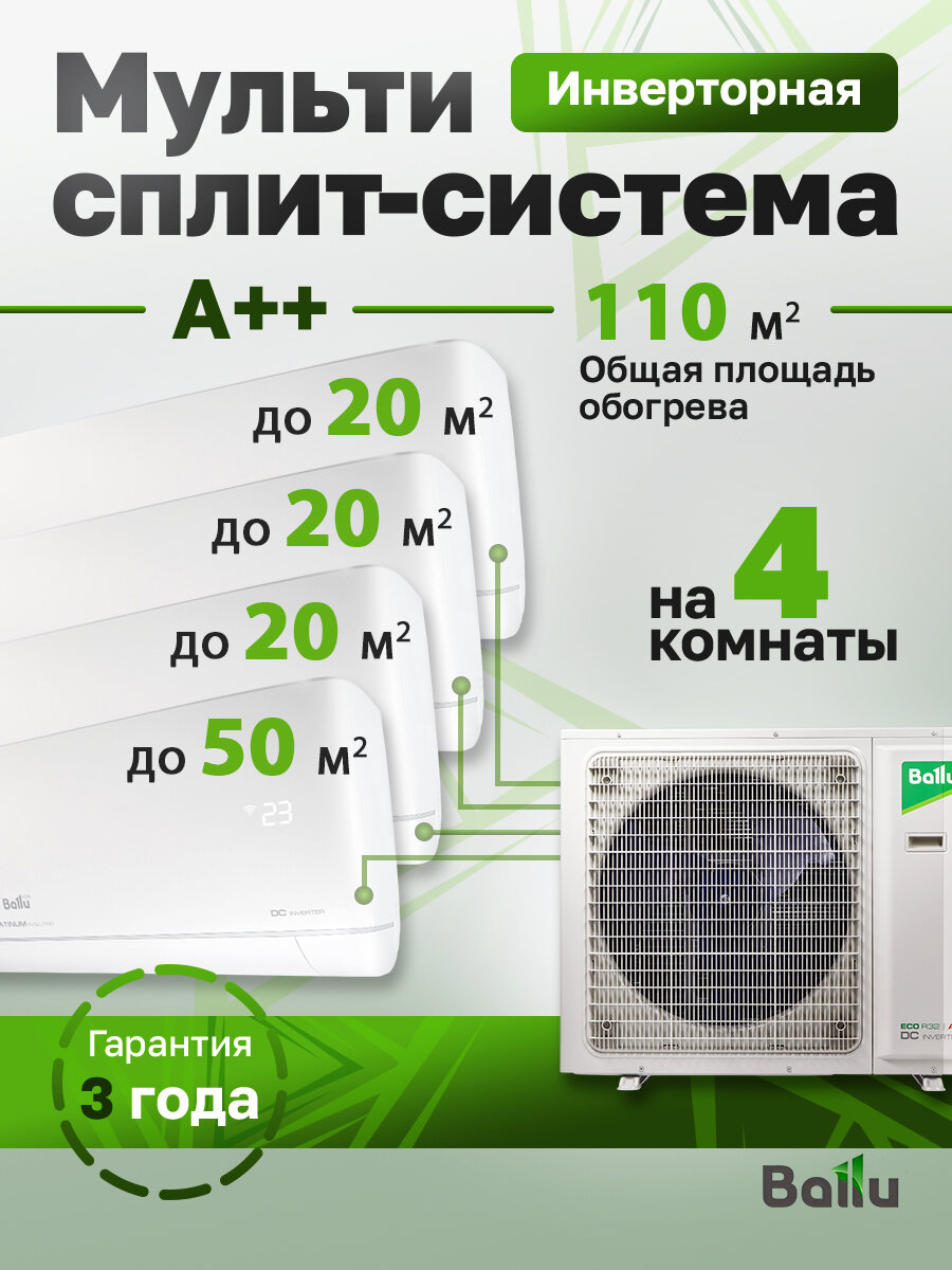 Mульти сплит-система на 4 комнаты 20+20+20+50м2 инвертор Ballu Free Match BA4OI-FM-36HN8/EU + 3 BSUI-FM-07HN8/EU + BSUI-FM-18HN8/EU