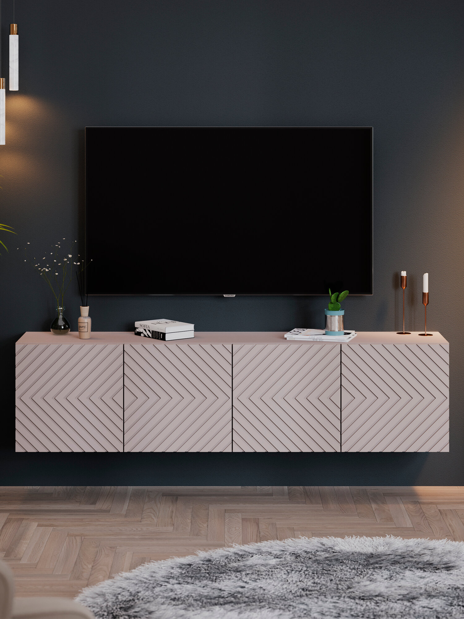 Тумба ТВ ТриЯ, тумба подвесная, Танго Тип 1, Глиняно серый/Холст Латте