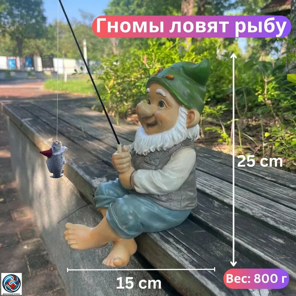 Фигурка садовая "Карликовый рыбак", полиэфирная смола, высота 25см, вес 800г, разноцветный