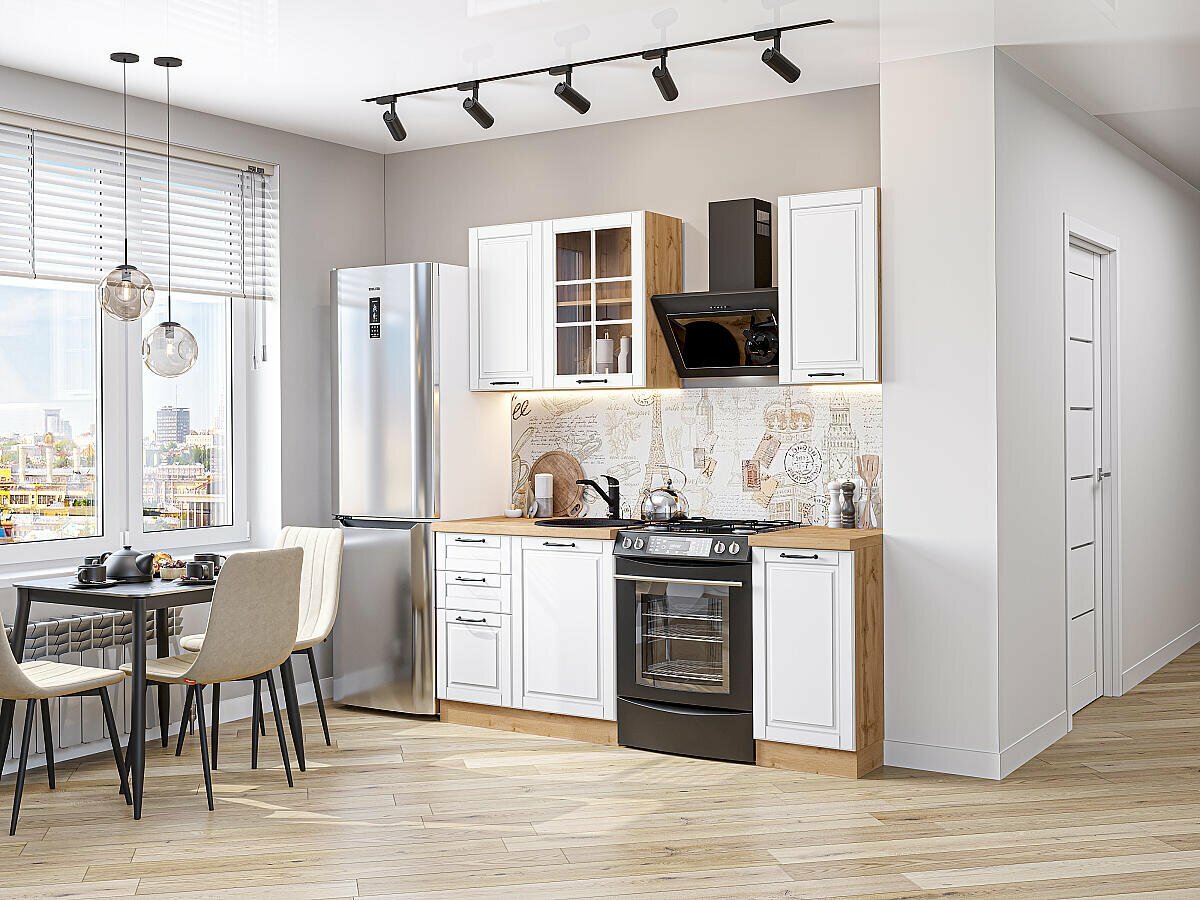 Кухня Дублин-04, цвет фасада Special White, цвет каркаса Дуб Вотан, 2140*1300*600 мм