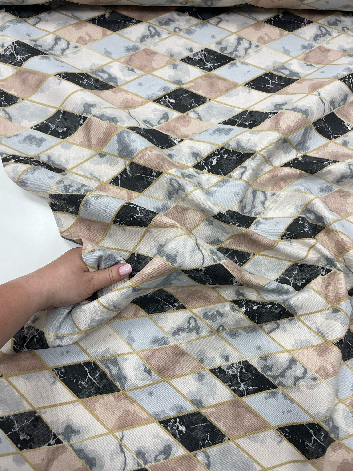 Ткань DUCK с водоотталкивающей пропиткой, принт: "Узор № 17" серо-бежевый (100 см. x 180 см.)