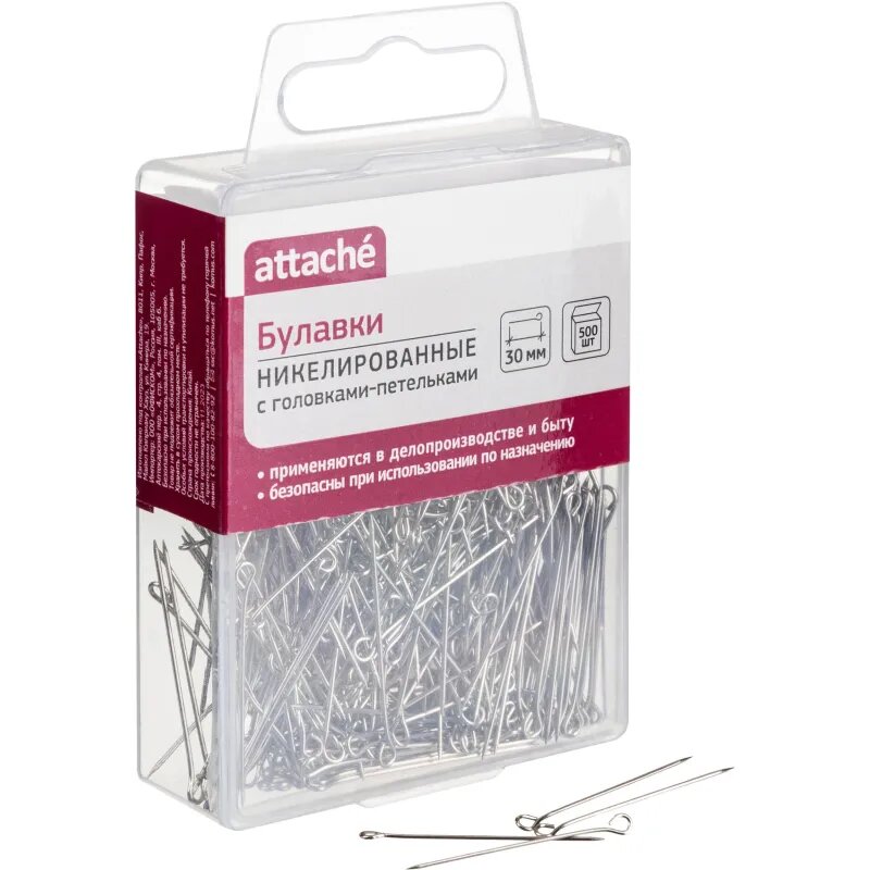 Булавки унив. с гол. петель. ник. Attache, 30 мм, 500 штук, в пласт кор 1874800 P036030P