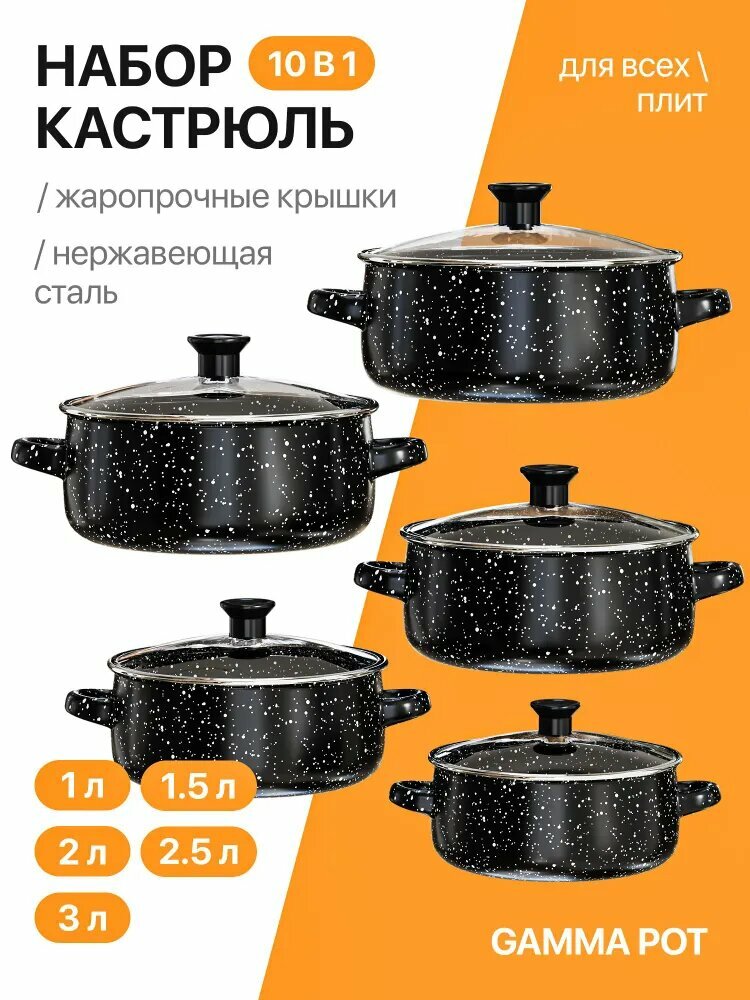 Набор посуды Икеа K5-9, эмалированный, нержавеющая сталь, 5 кастрюль, 5 крышек, черный