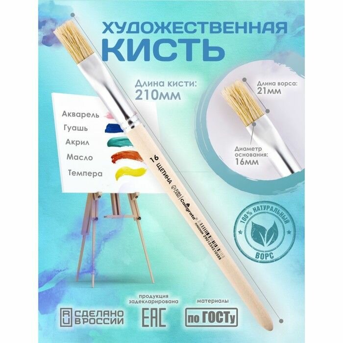 Кисть для рисования Calligrata Щетина плоская №16, ширина обоймы 16 мм, длина волоса 24 мм, деревянная ручка