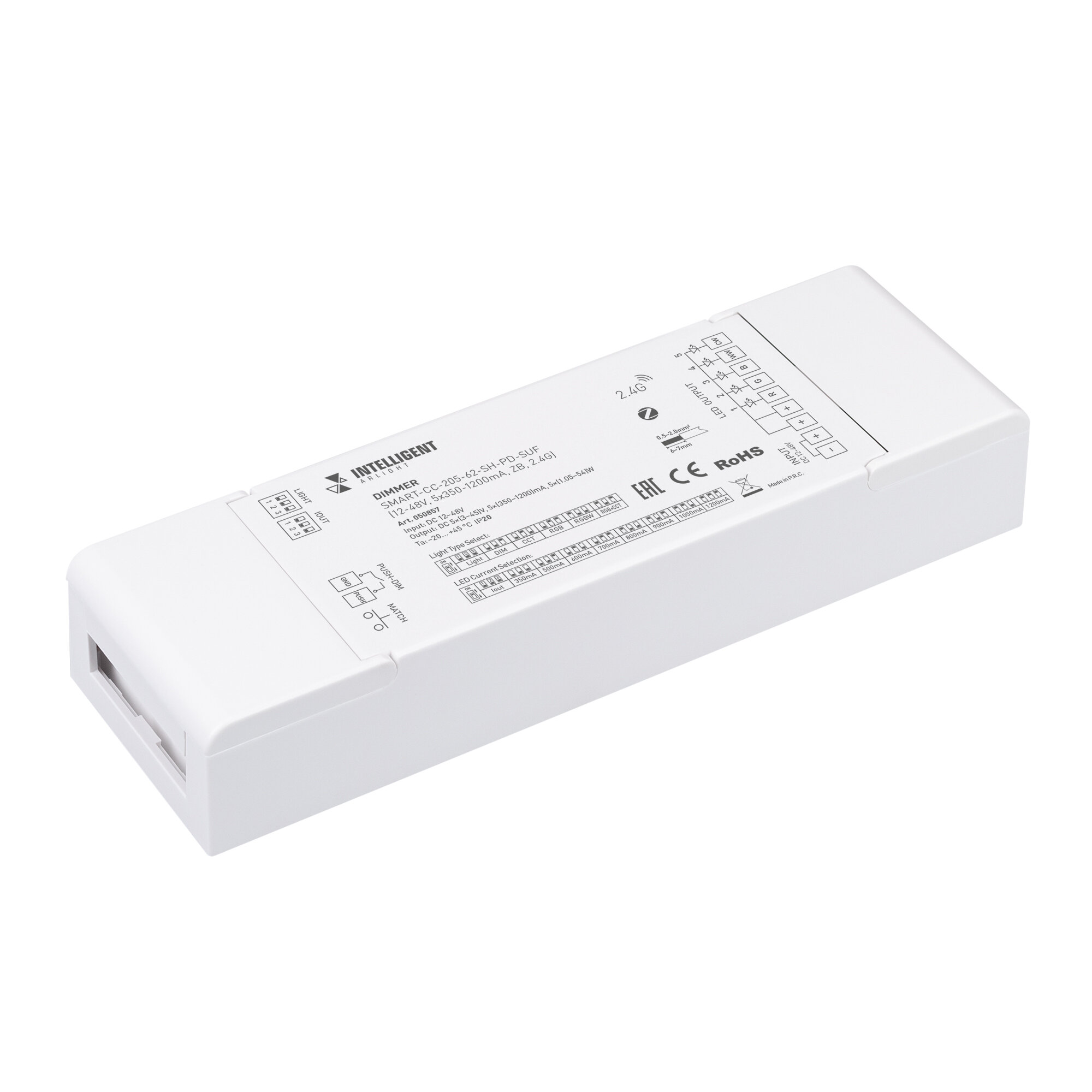 Arlight INTELLIGENT ARLIGHT Диммер SMART-CC-205-62-SH-PD-SUF (12-48V, 5x350-1200mA, ZB, 2.4G) (IARL, IP20 Пластик, 5 лет)