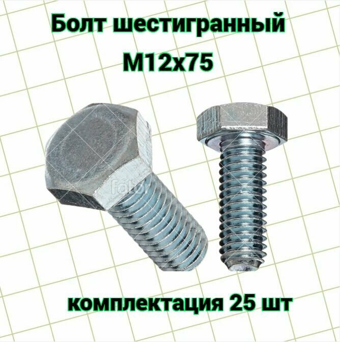 Болт с шестигранной головкой, оцинк, М12х75 (25 шт)